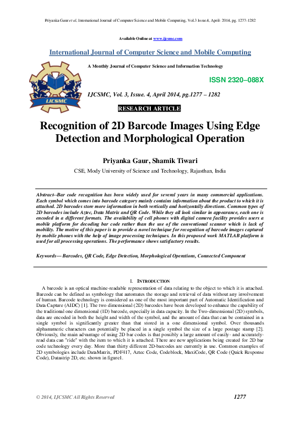 (PDF) Recognition of 2D Barcode Images Using Edge Detection and Morphological Operation