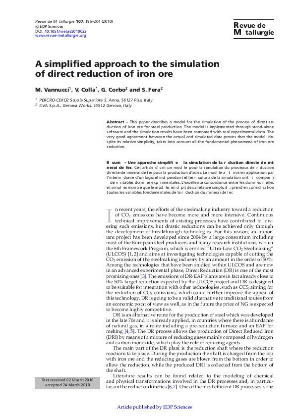 Pdf A Simplified Approach To The Simulation Of Direct Reduction Of Iron Ore