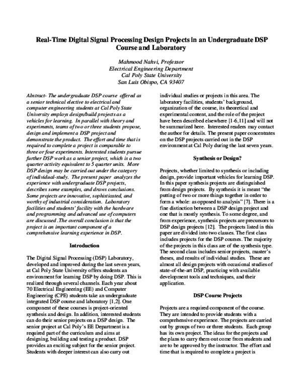Pdf Real Time Digital Signal Processing Design Projects In An Undergraduate Dsp Course And 9782