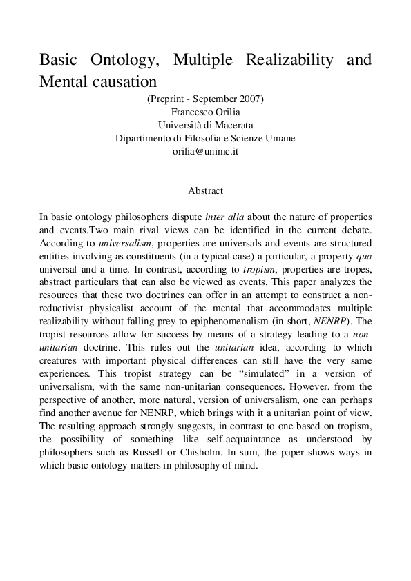 (PDF) Basic Ontology, Multiple Realizability and Mental Causation