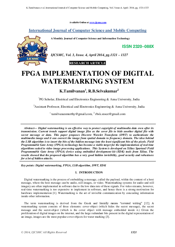 Pdf Fpga Implementation Of Digital Watermarking System