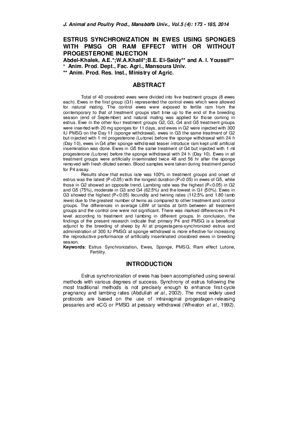 Pdf Estrus Synchronization In Ewes Using Sponges With Pmsg Or Ram Effect With Or Without