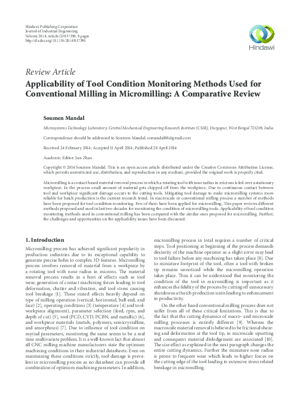Pdf Review Article Applicability Of Tool Condition Monitoring Methods