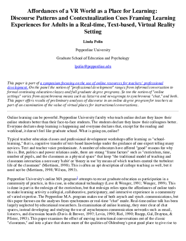 (PDF) Affordances of a VR World as a Place for Learning: Discourse Patterns and ...
