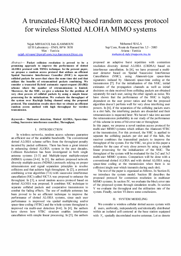 (PDF) A truncated-HARQ based random access protocol for wireless Slotted ALOHA MIMO systems
