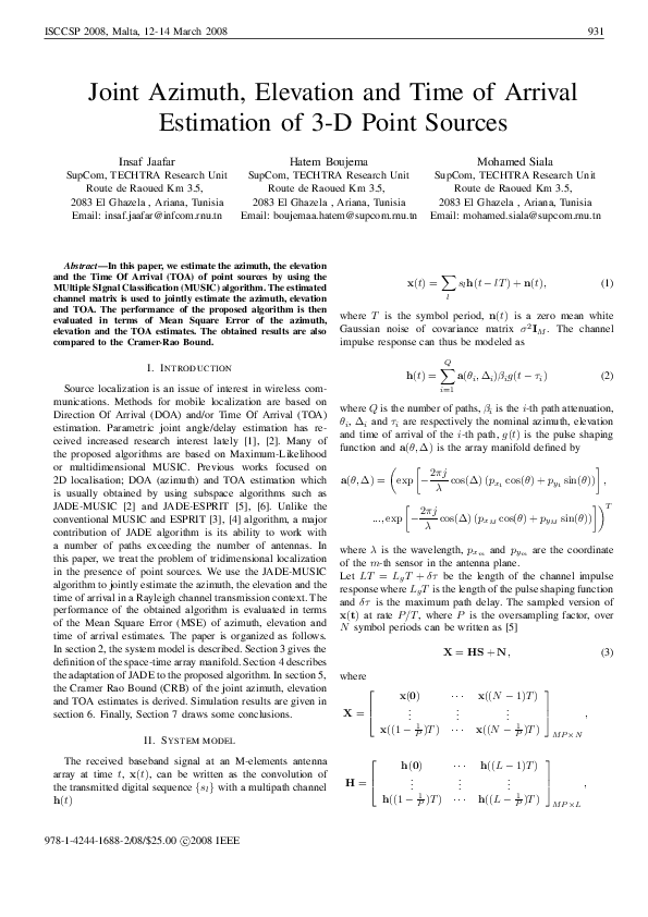 Pdf Joint Azimuth Elevation And Time Of Arrival Estimation Of 3 D Point Sources