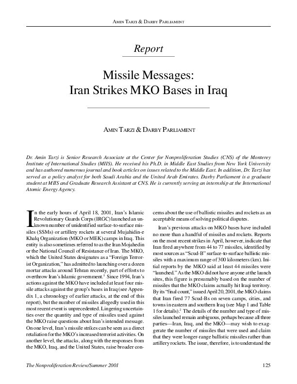 (PDF) Missile messages: Iran strikes MKO bases in Iraq | Amin Tarzi and ...