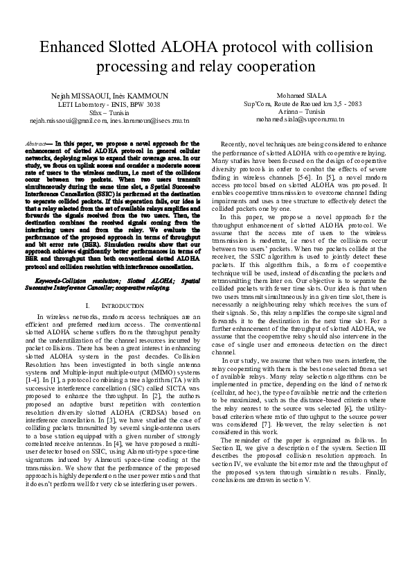 Pdf Enhanced Slotted Aloha Protocol With Collision Processing And Relay Cooperation
