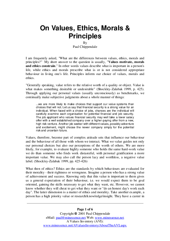 (PDF) On Values, Ethics, Morals & Principles By