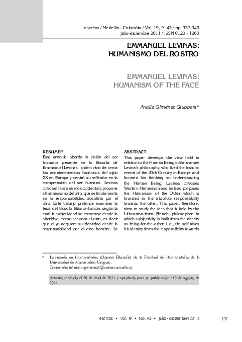 (PDF) EMMANUEL LEVINAS: HUMANISMO DEL ROSTRO EMMANUEL LEVINAS: HUMANISM ...