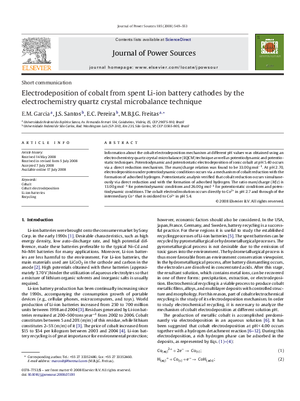 (PDF) Electrodeposition of cobalt from spent Li-ion battery cathodes by the electrochemistry ...