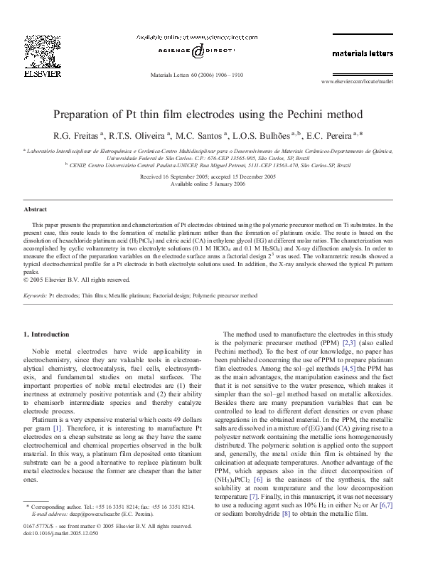 (PDF) Preparation of Pt thin film electrodes using the Pechini method
