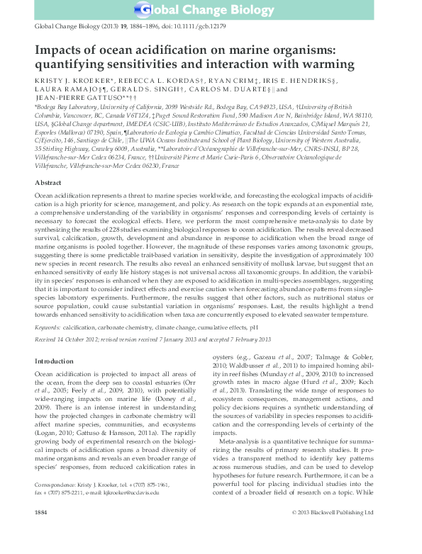 (PDF) Impacts of ocean acidification on marine organisms: quantifying ...