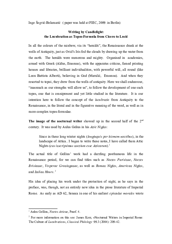 (DOC) Inge Segvic Belamaric Writing by Candlelight: the Lucubration as ...