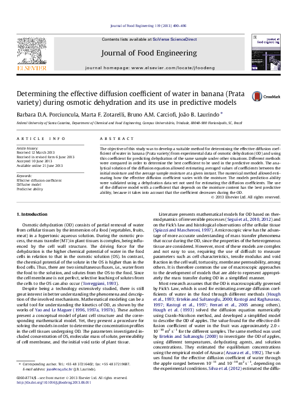 (PDF) Determining the effective diffusion coefficient of water in banana (Prata variety) during ...