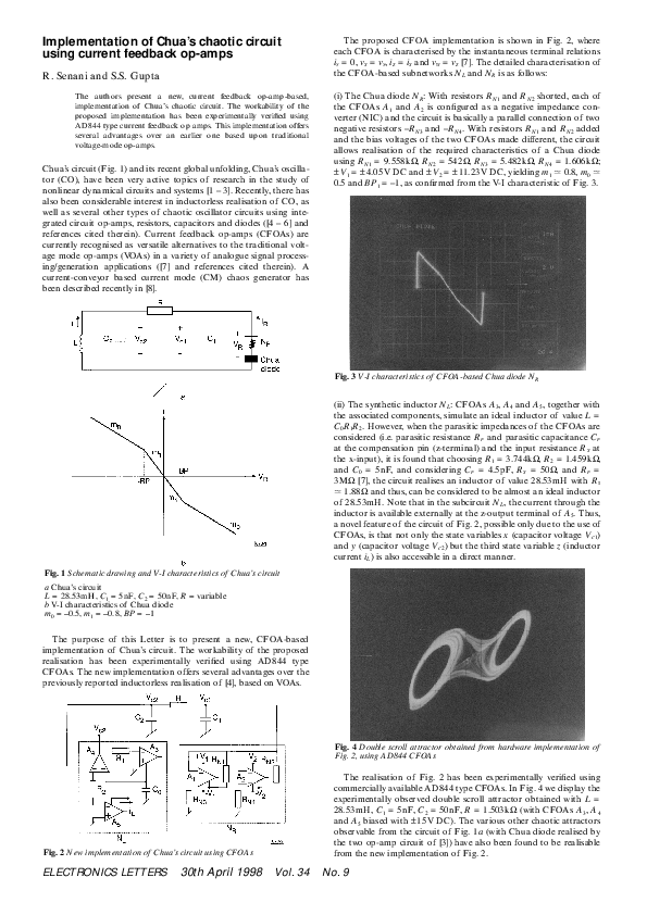 Pdf Implementation Of Chuas Chaotic Circuit Using Current Feedback Op Amps