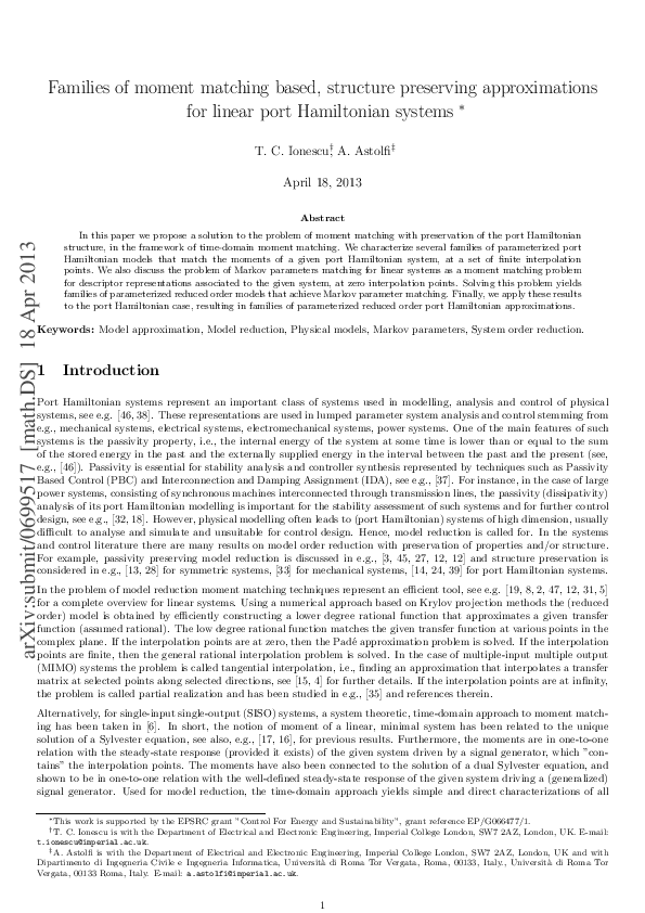 Pdf Families Of Moment Matching Based Structure Preserving Approximations For Linear Port