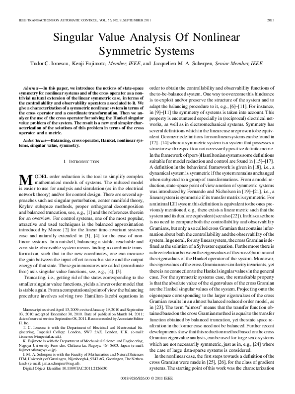 (PDF) Singular Value Analysis Of Nonlinear Symmetric Systems