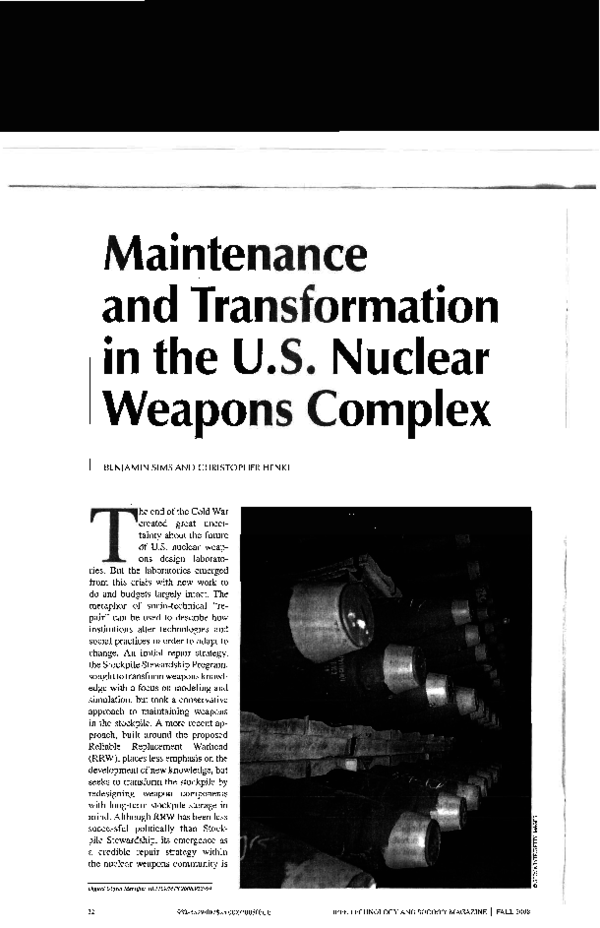 (PDF) Maintenance and Transformation in the U.S. Nuclear Weapons Complex