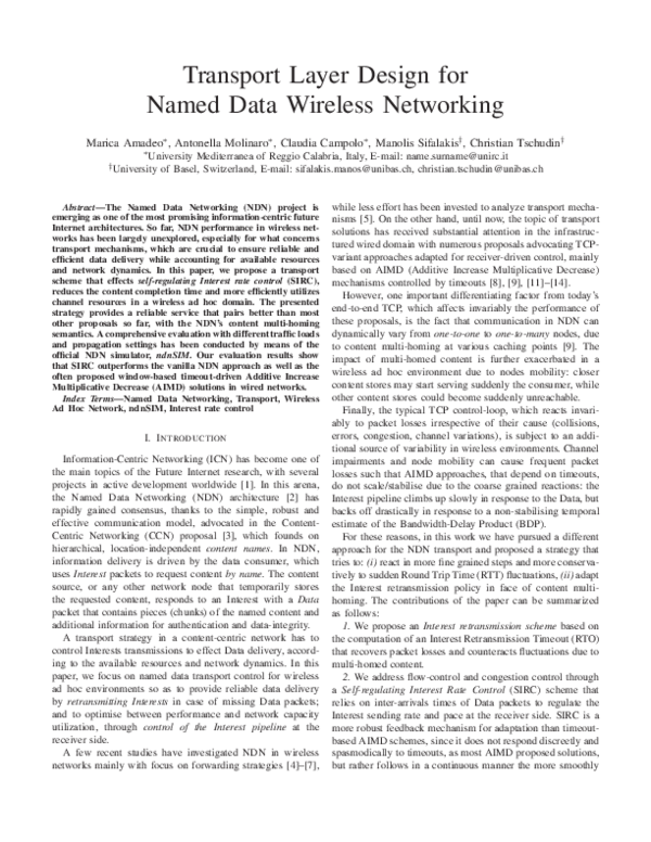 (PDF) Transport Layer Design for Named Data Wireless Networking