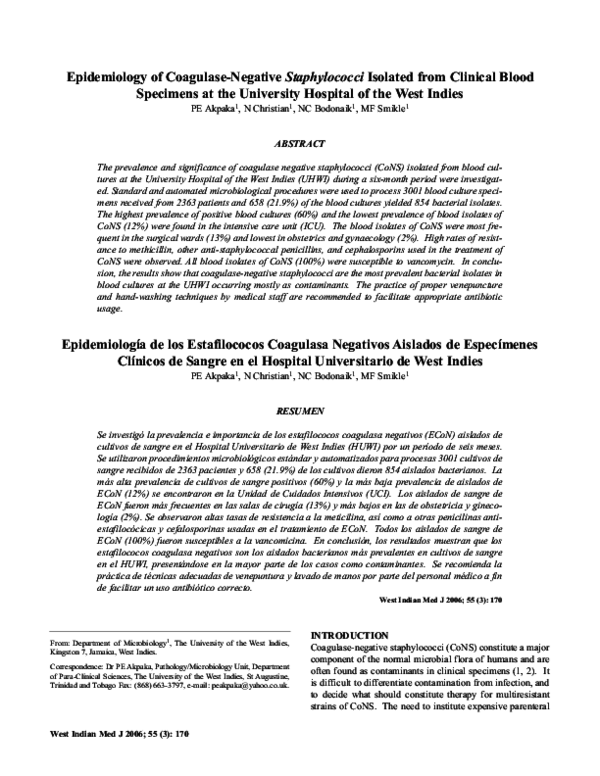 (PDF) Epidemiology of coagulase-negative Staphylococci isolated from clinical blood specimens at ...