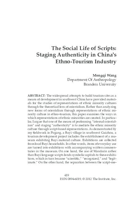 (PDF) The Social Life of Scripts: Staging Authenticity in China's Ethno-Tourism Industry