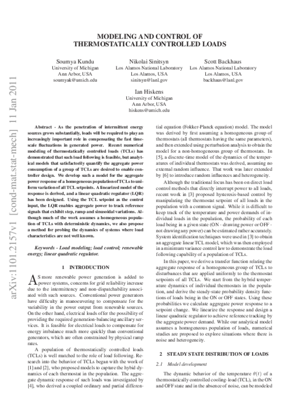 (PDF) Modeling and control of thermostatically controlled loads