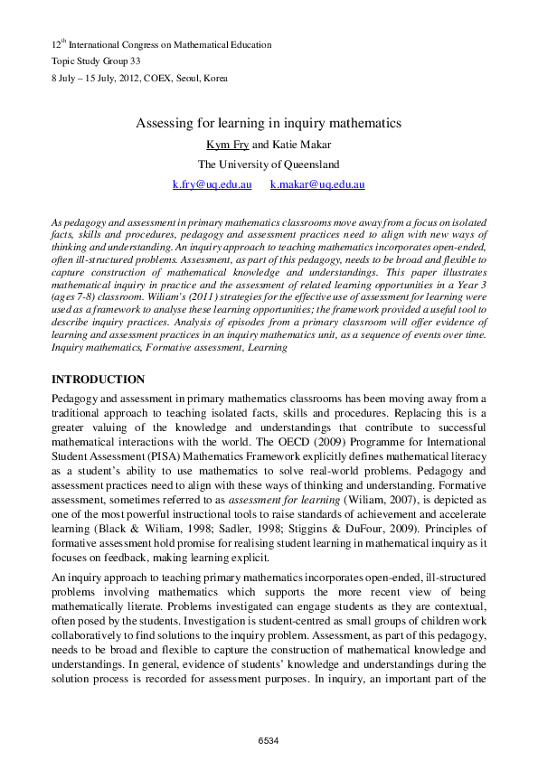 (PDF) Assessing for learning in inquiry mathematics