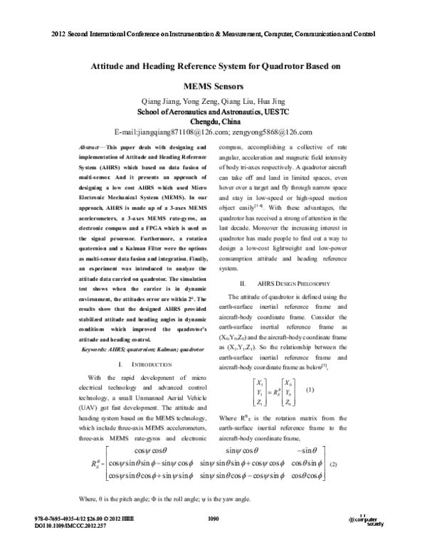 Pdf Attitude And Heading Reference System For Quadrotor Based On Mems Sensors