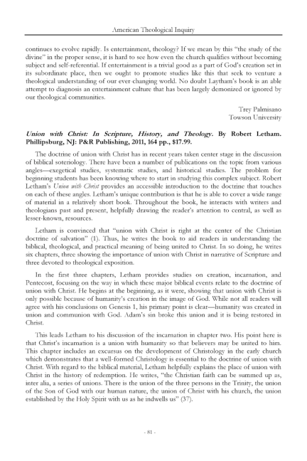 (PDF) Review of Robert Letham, Union with Christ