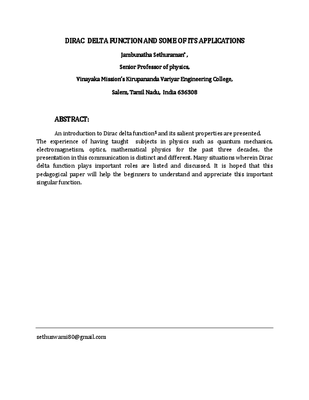 Doc Dirac Delta Function And Some Of Its Applications