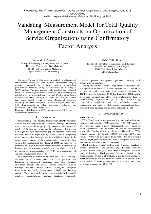 (PDF) Validating Measurement Model for Total Quality Management Constructs on Optimization of ...