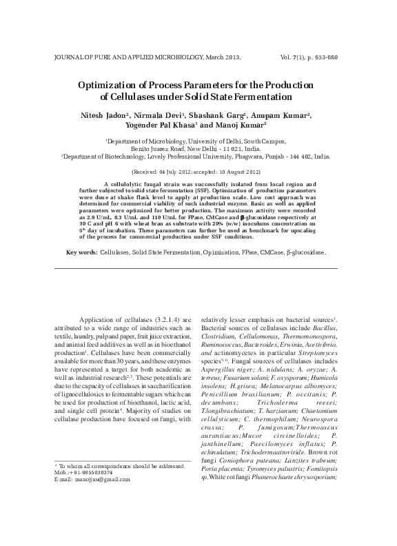 Pdf Optimization Of Process Parameters For The Production Of Cellulases Under Solid State