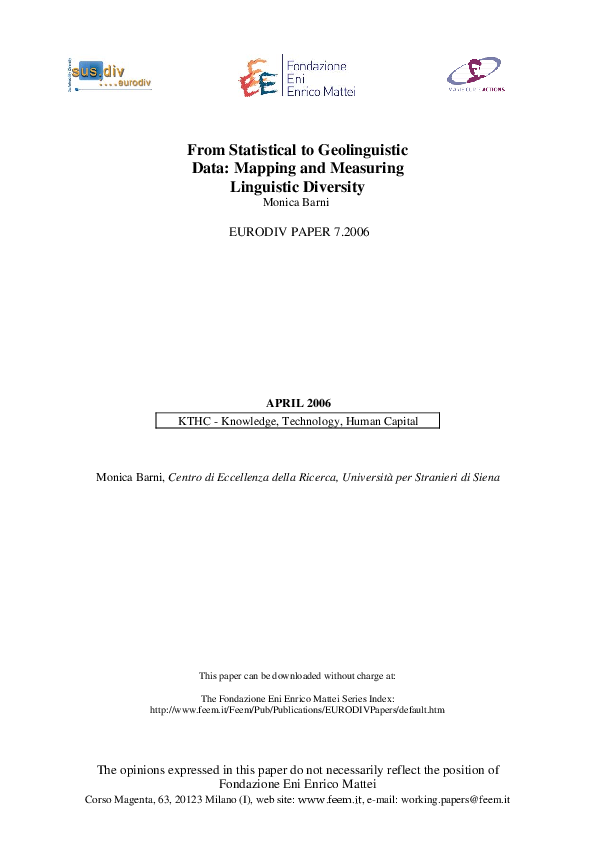 (PDF) From Statistical to Geolinguistic Data: Mapping and Measuring Linguistic Diversity