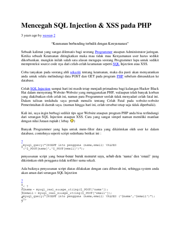 (DOC) Mencegah SQL Injection & XSS pada
