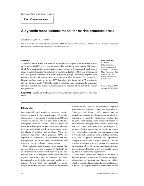(PDF) A dynamic mass-balance model for marine protected areas