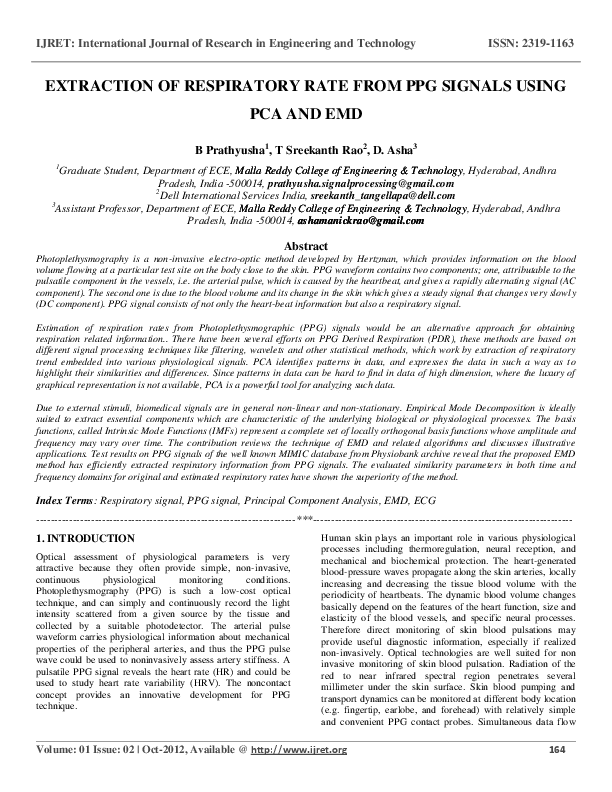 Pdf Extraction Of Respiratory Rate From Ppg Signals Using Pca And Emd