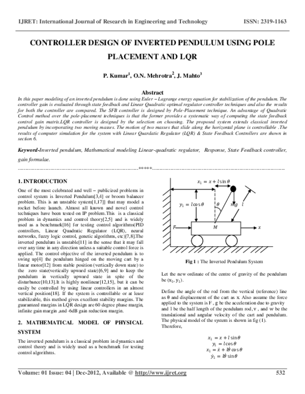 (PDF) CONTROLLER DESIGN OF INVERTED PENDULUM USING POLE PLACEMENT AND LQR