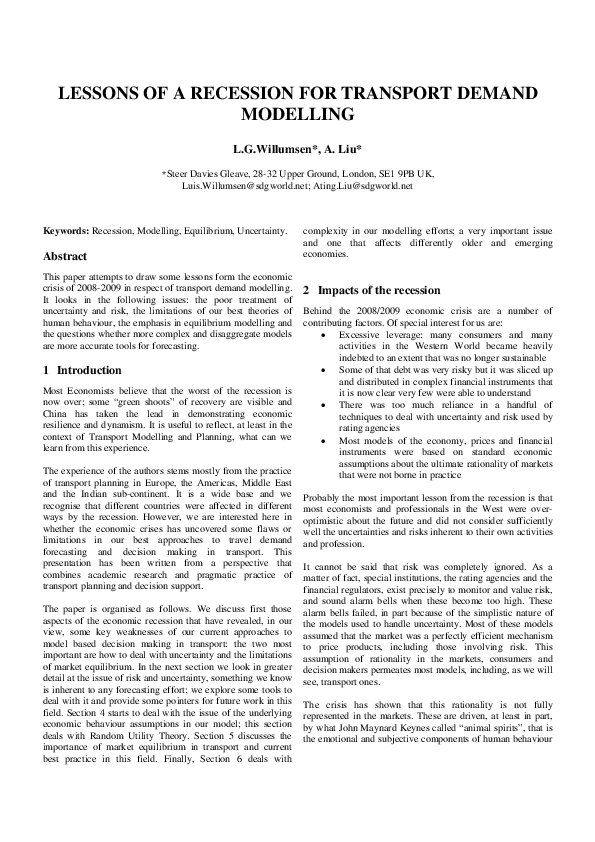 (PDF) LESSONS OF A RECESSION FOR TRANSPORT DEMAND MODELLING