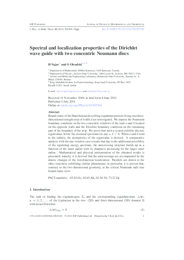 (PDF) Spectral and localization properties of the Dirichlet wave guide with two concentric ...
