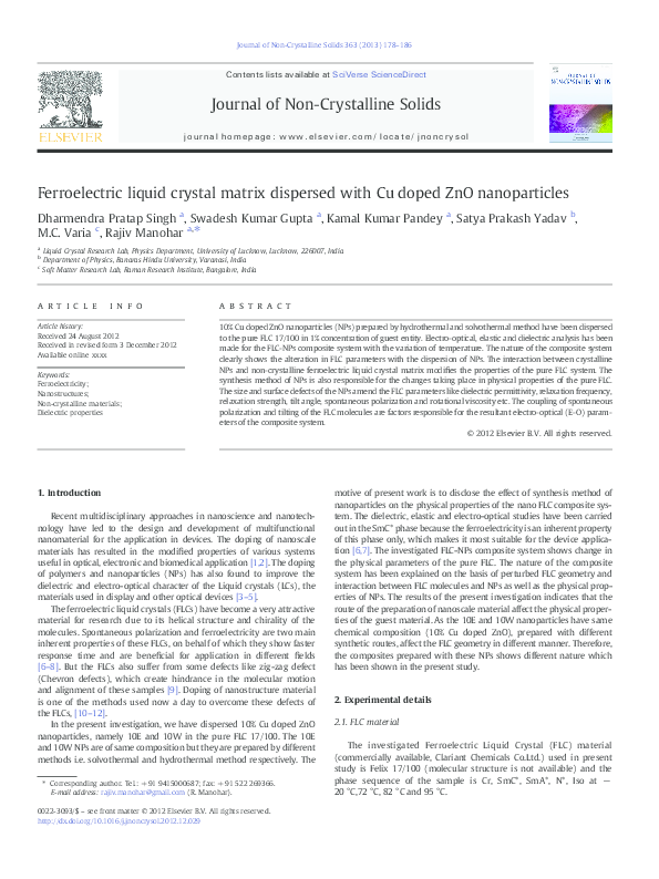 (PDF) Ferroelectric liquid crystal matrix dispersed with Cu doped ZnO nanoparticles