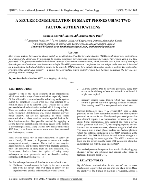 Pdf A Secure Communication In Smart Phones Using Two Factor Authentications