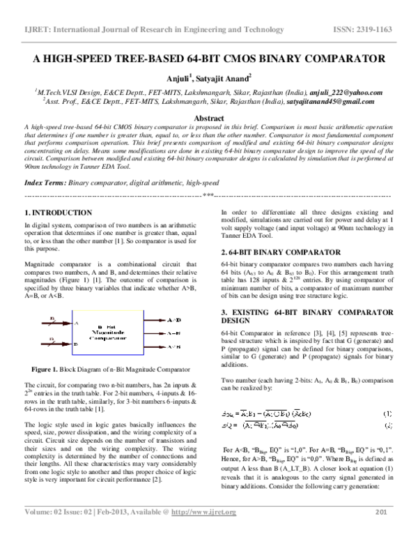 Pdf A High Speed Tree Based 64 Bit Cmos Binary Comparator