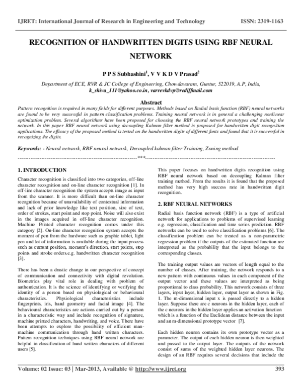 Pdf Recognition Of Handwritten Digits Using Rbf Neural Network