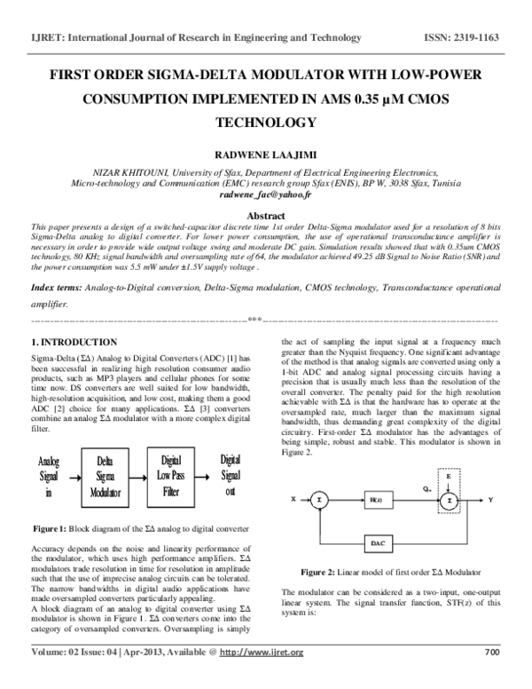 (PDF) FIRST ORDER SIGMA-DELTA MODULATOR WITH LOW-POWER CONSUMPTION ...