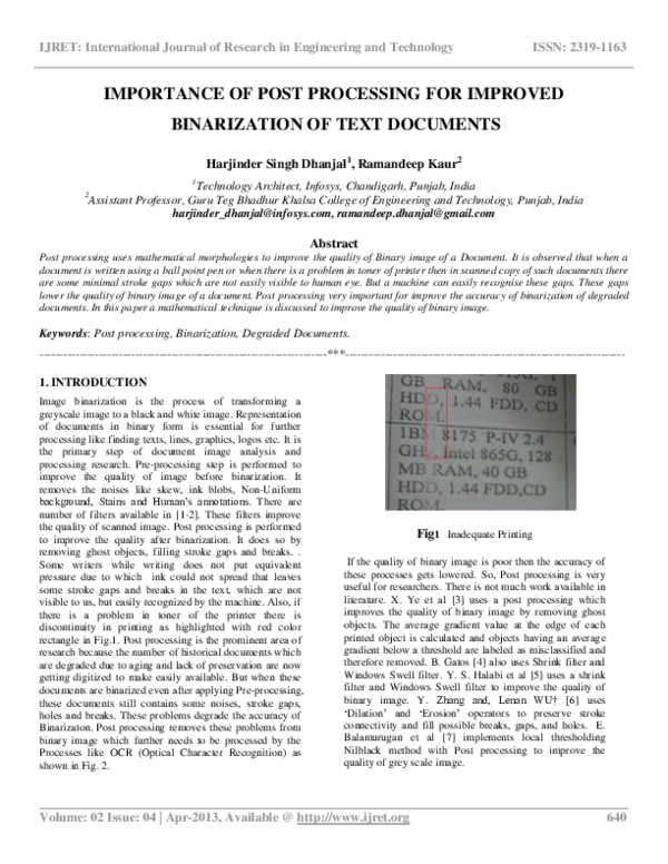 (PDF) IMPORTANCE OF POST PROCESSING FOR IMPROVED BINARIZATION OF TEXT DOCUMENTS
