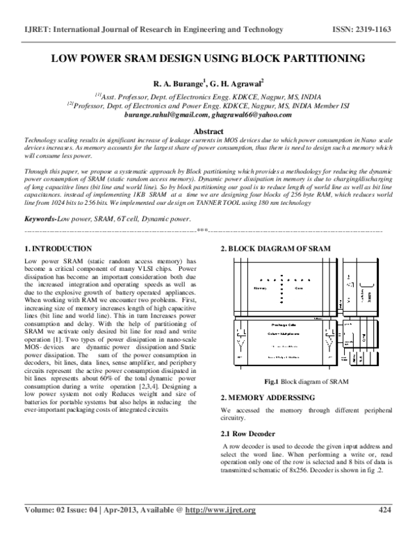 (PDF) LOW POWER SRAM DESIGN USING BLOCK PARTITIONING