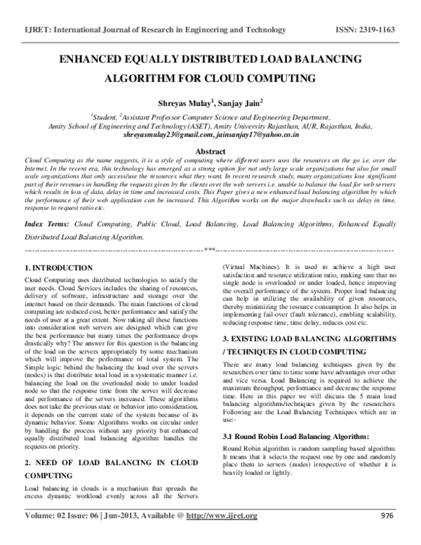 Pdf Enhanced Equally Distributed Load Balancing Algorithm For Cloud Computing