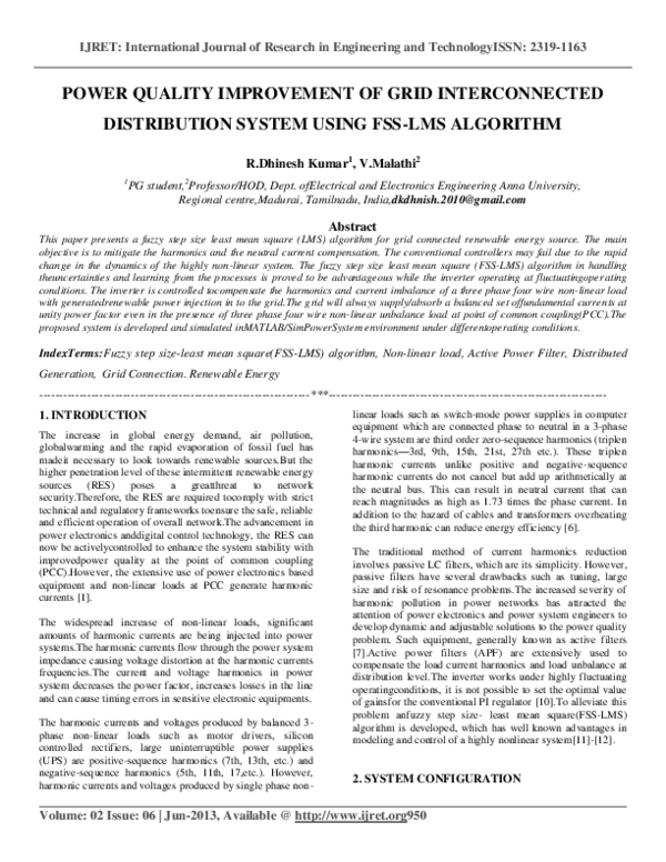 Pdf Power Quality Improvement Of Grid Interconnected Distribution System Using Fss Lms Algorithm