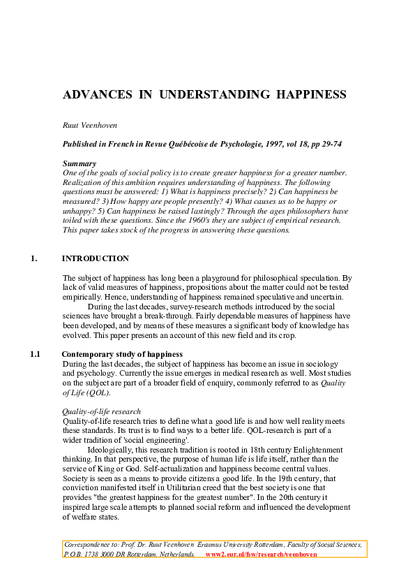 (PDF) Advances in understanding happiness